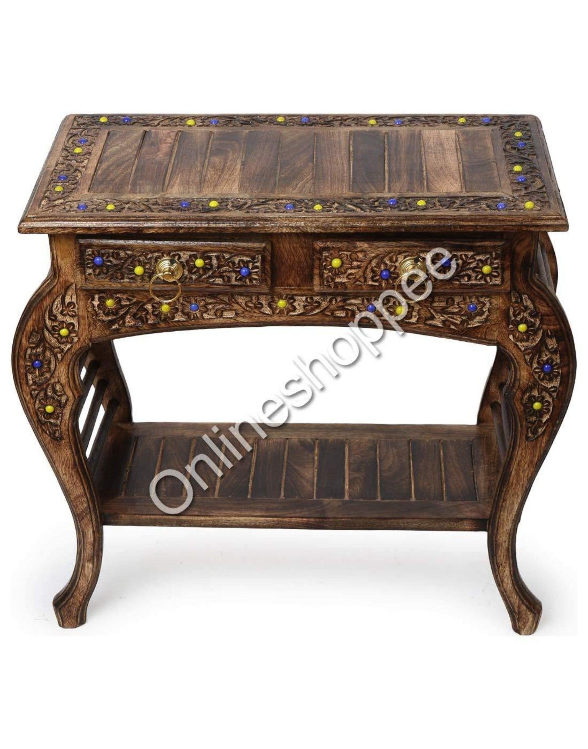 Buy Wooden End Table with Hand Carving Design Online-End Tables-WoodenTwist
