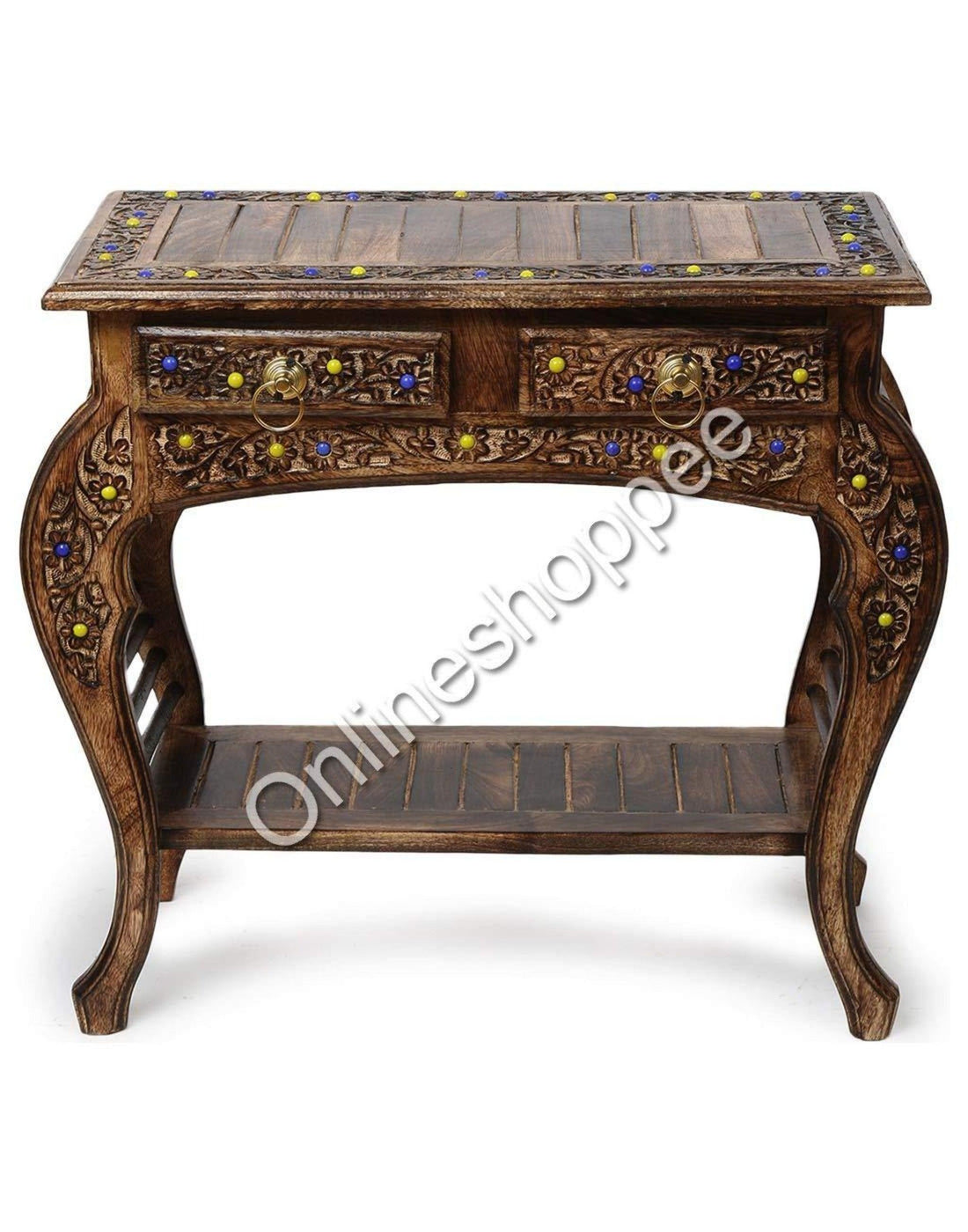 Buy Wooden End Table with Hand Carving Design Online-End Tables-WoodenTwist
