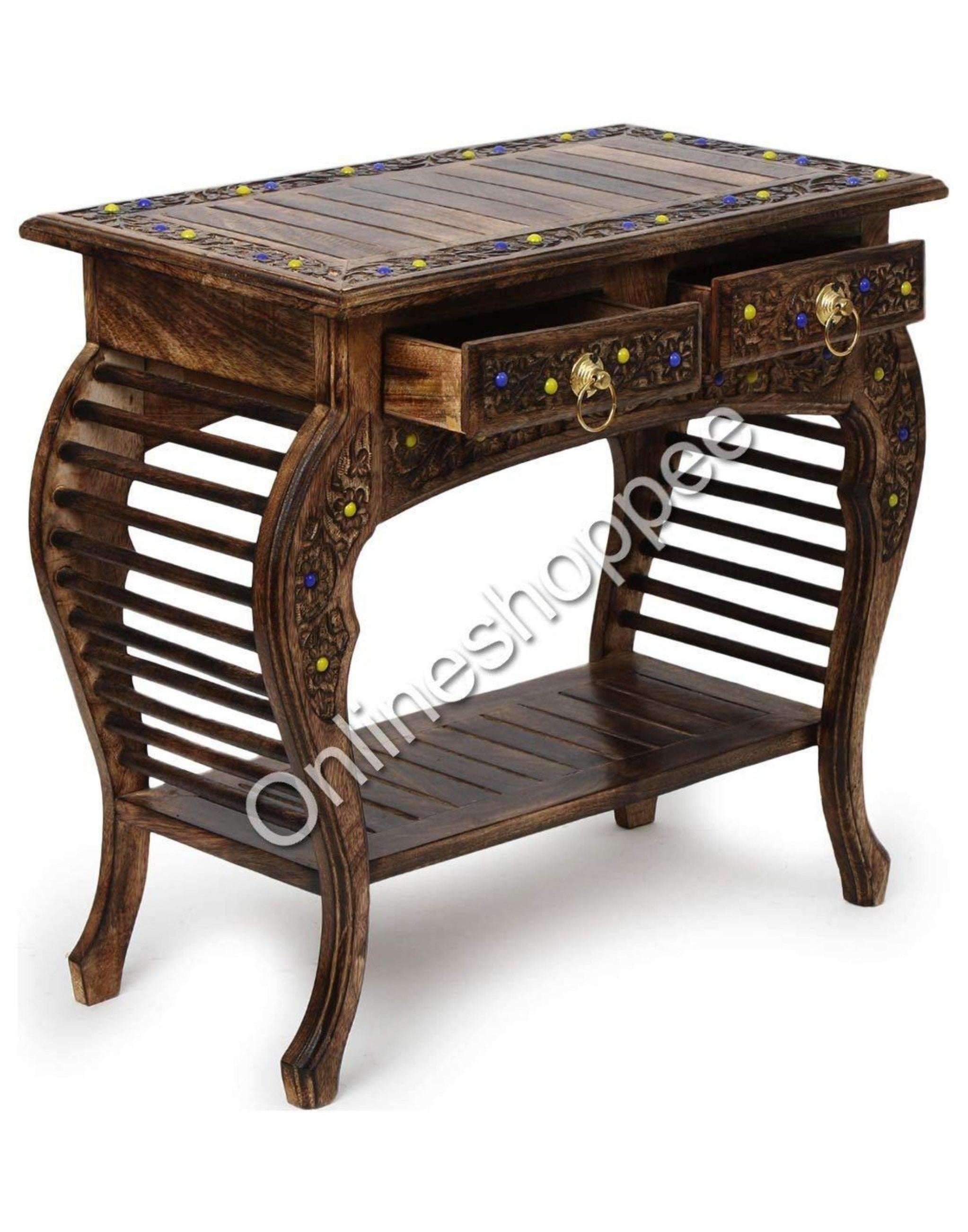 Buy Wooden End Table with Hand Carving Design Online-End Tables-WoodenTwist