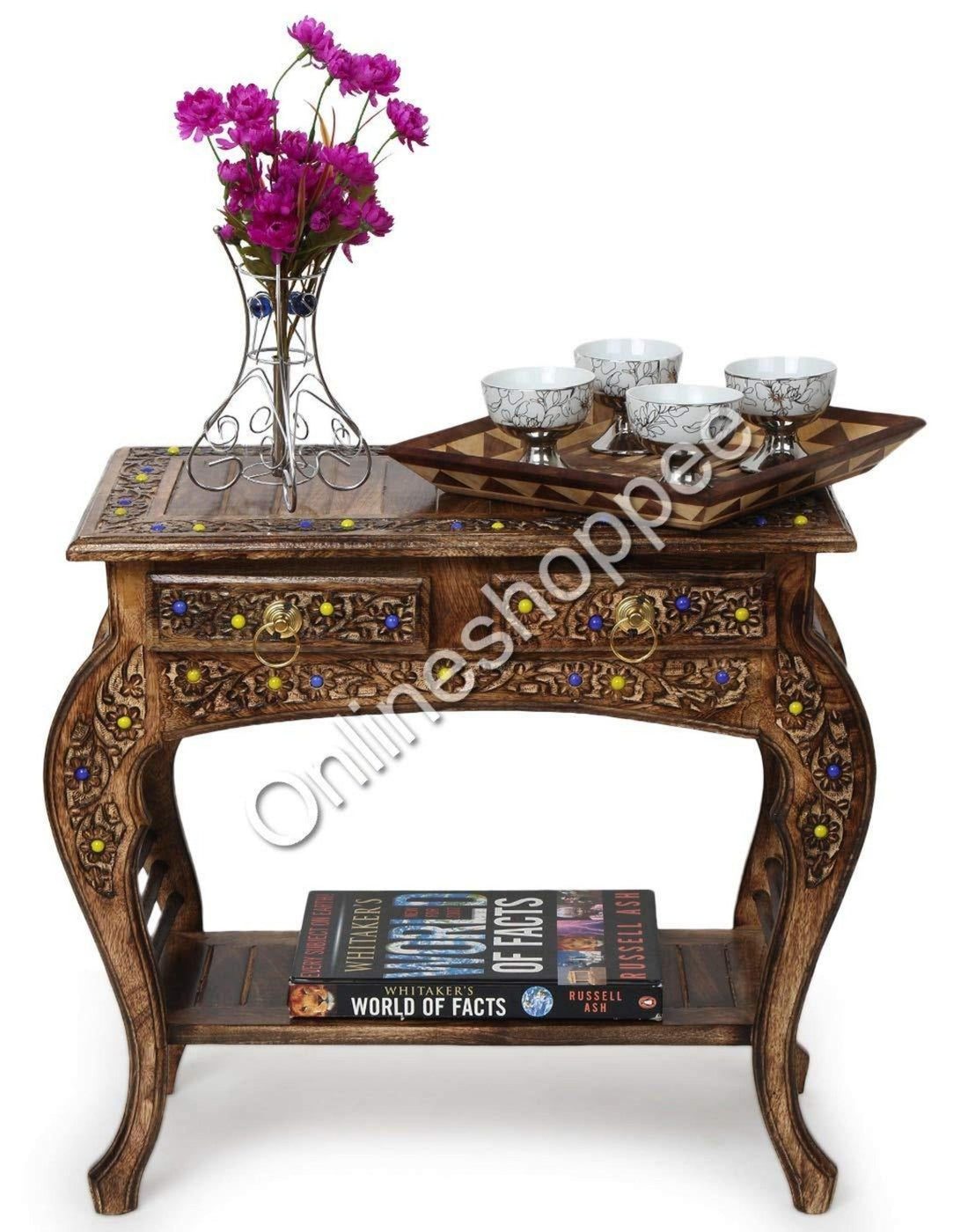 Buy Wooden End Table with Hand Carving Design Online-End Tables-WoodenTwist