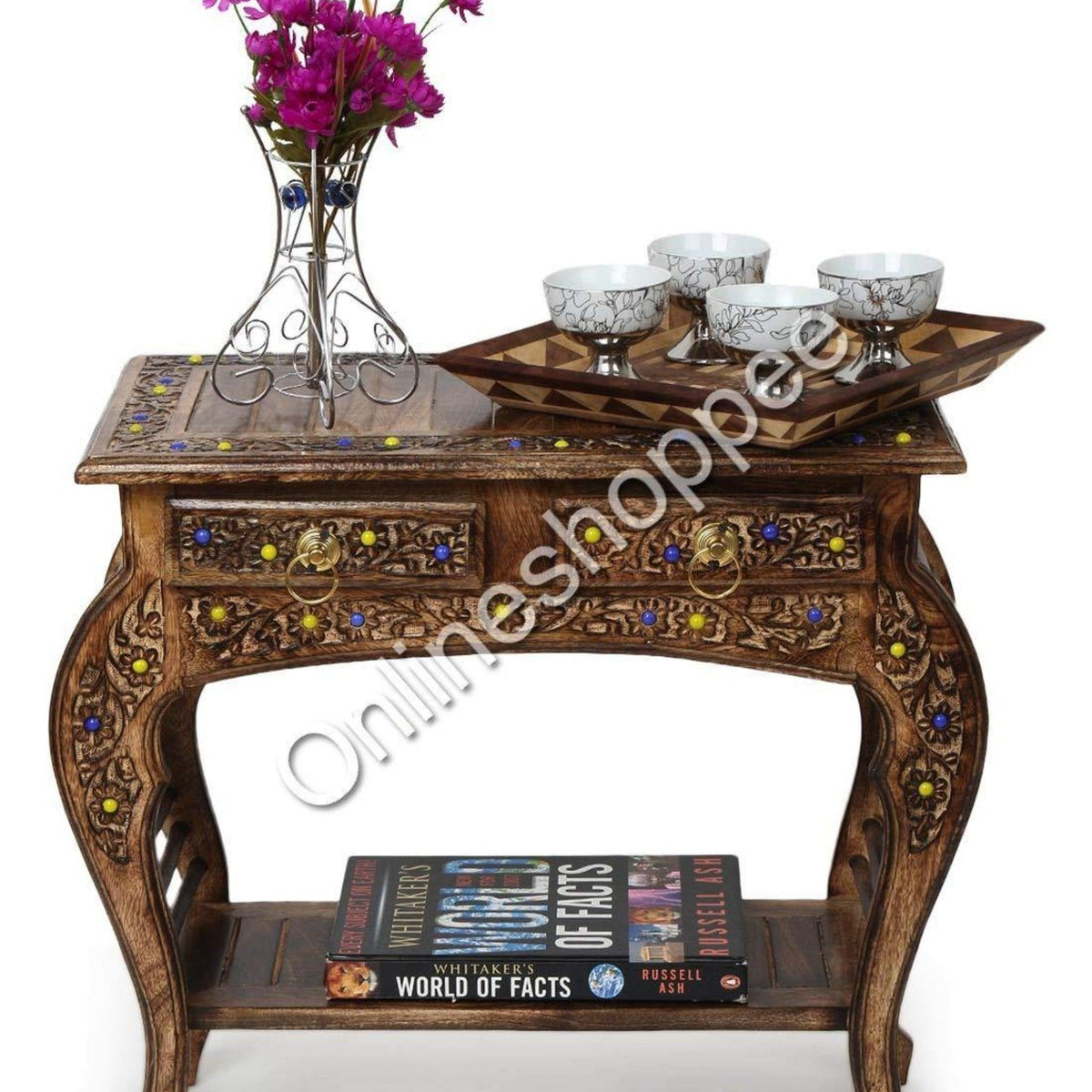 Buy Wooden End Table with Hand Carving Design Online-End Tables-WoodenTwist