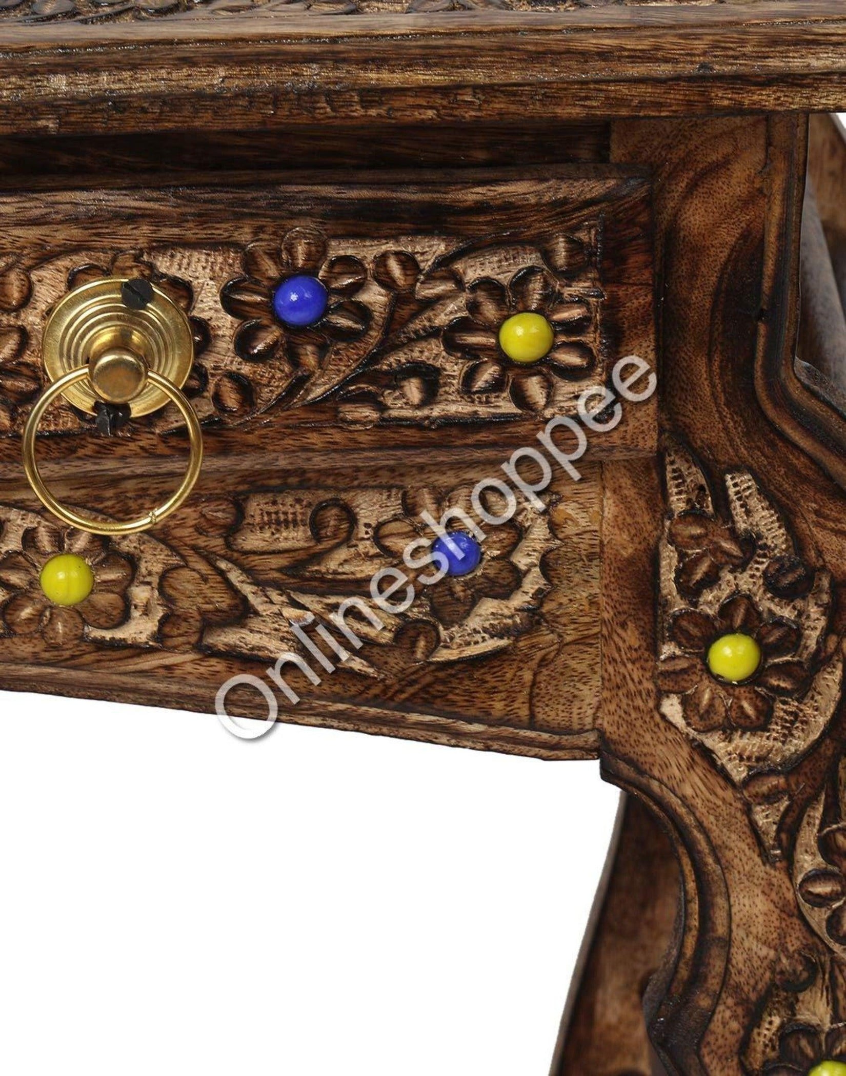 Buy Wooden End Table with Hand Carving Design Online-End Tables-WoodenTwist