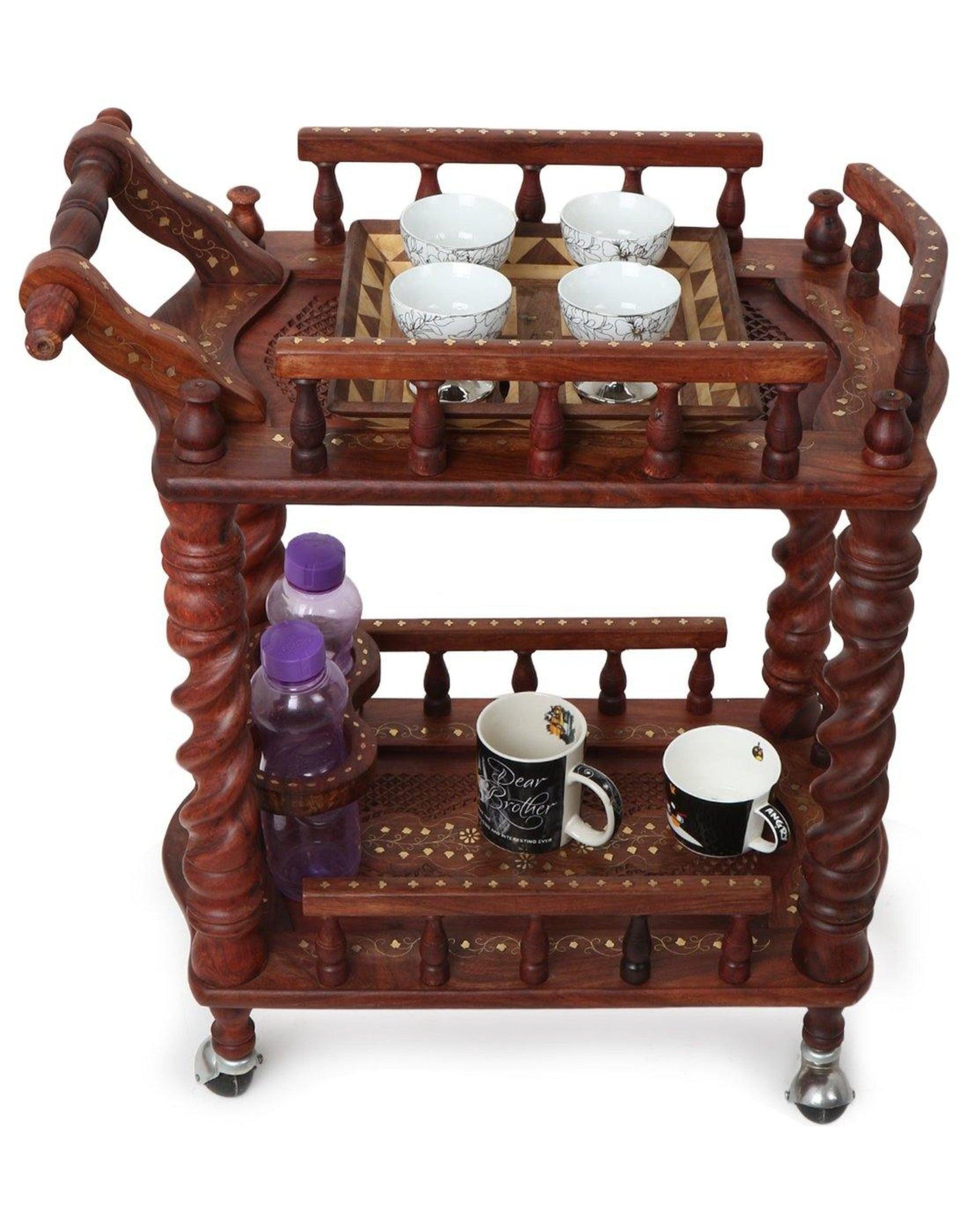 Juniper Cyprus Sheesham Wood Kitchen Tools Storage Serving Trolley, Br ...