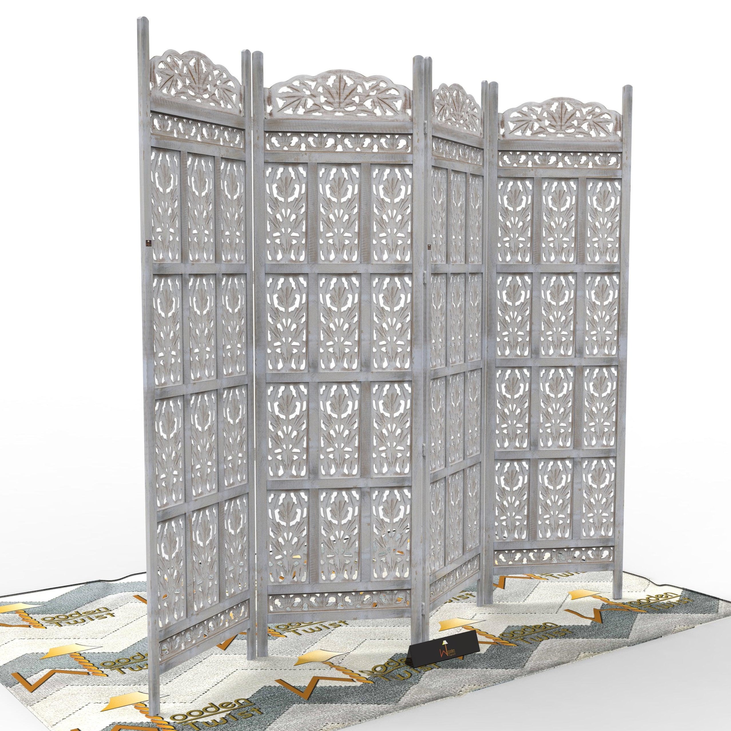 Buy Carved Wood Room Divider Screen Antique White Wash Rustic Finish ...